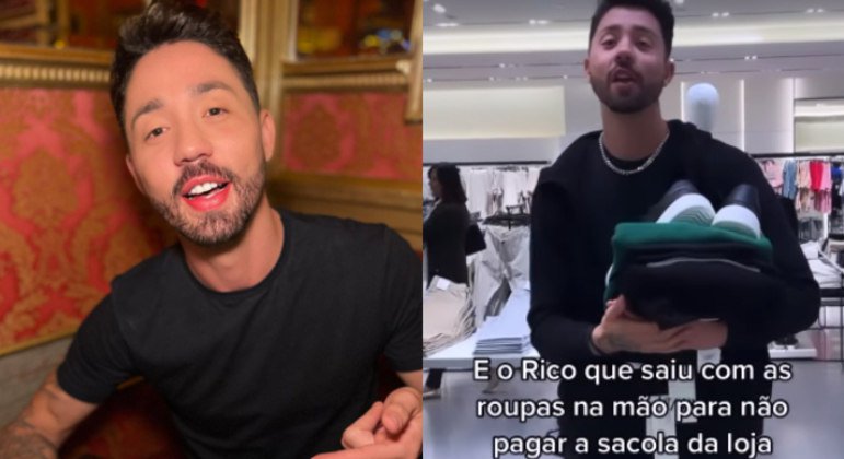 Rico Melquiades sai com as roupas de uma loja nas mãos após recusar ...